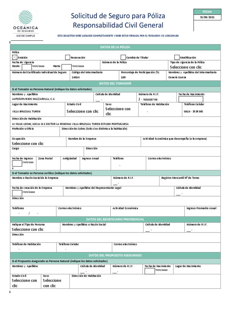 Póliza Responsabilidad Civil General | PDF | Póliza de seguros | Seguro