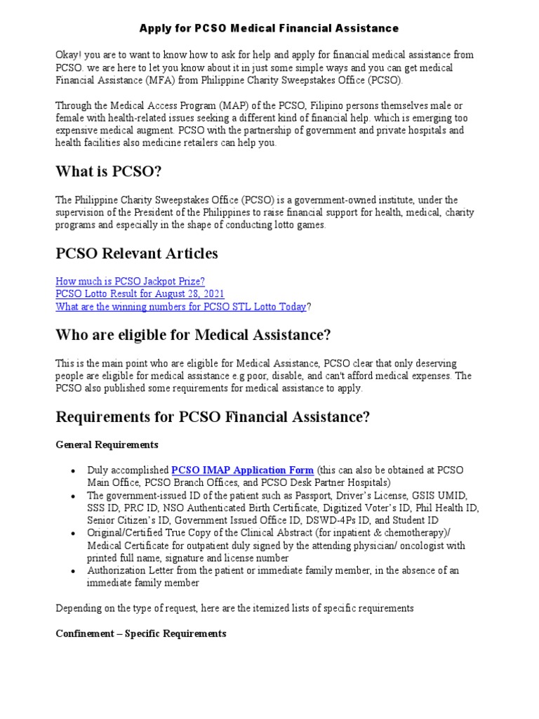 Apply For PCSO Medical Financial Assistance | PDF | Health Care | Medicine