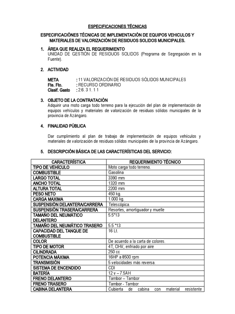 Especificaciones Tecnicas Motocarga | PDF | Motocicleta | Industria automotriz