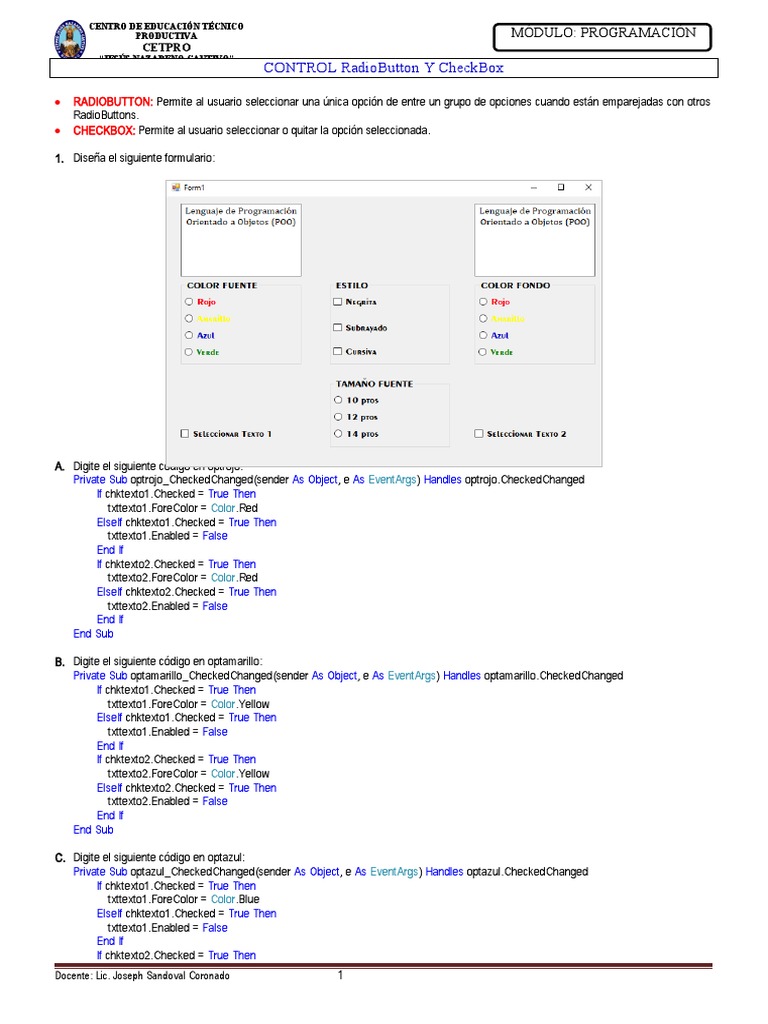 Control RadioButton y CheckBox | PDF | Flujo de control | Desarrollo de ... Control RadioButton y CheckBox | PDF | Flujo de control | Desarrollo de ...