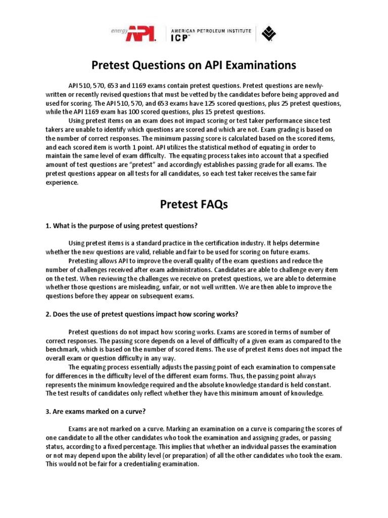 Pretest Questions On API Examinations: 1. What Is The Purpose of Using ...
