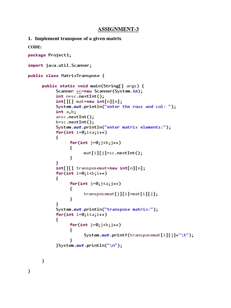 Implement Transpose of A Given Matrix: Assignment-3 | PDF | Matrix ...