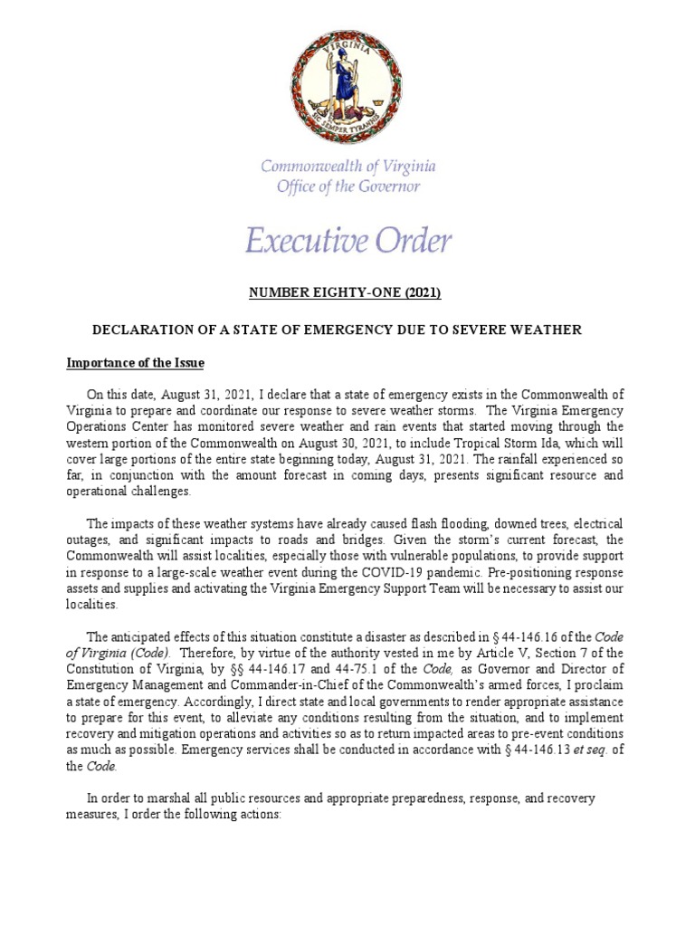 EO 81 Declaration of A State of Emergency Due To Severe Weather | PDF ...