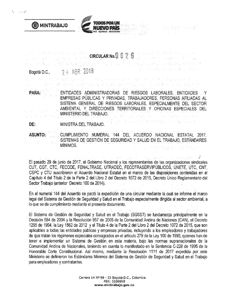 Circular 26 de 2018 Mintrabajo | PDF