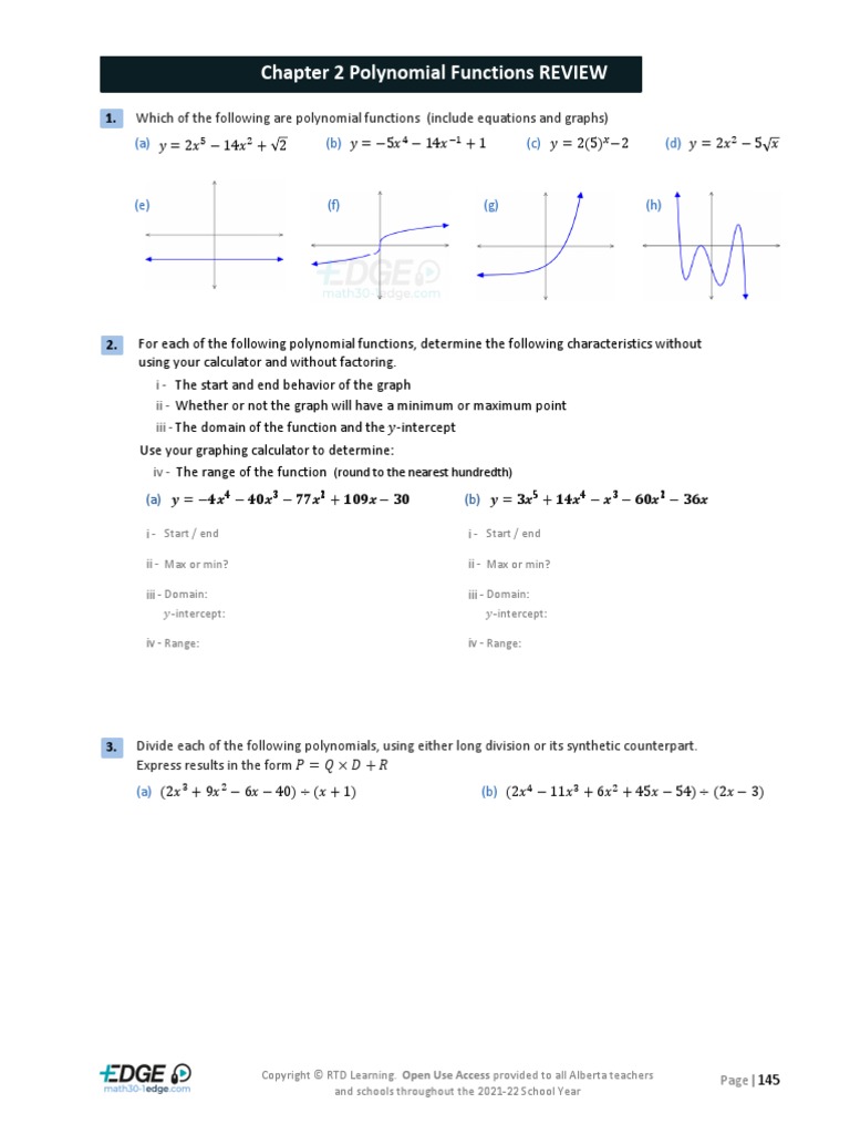 2 - Polynomial Functions Chapter Review | PDF | Polynomial | Function ...