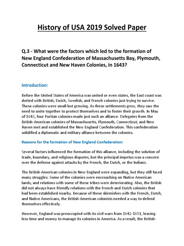 History Of Usa Css 2019 Solved Paper Pdf New England Plymouth Colony