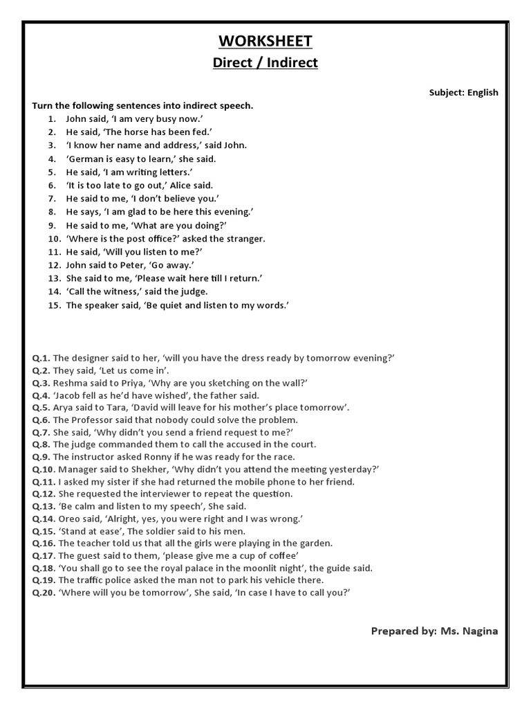 Direct and Indirect Speech Worksheet | PDF