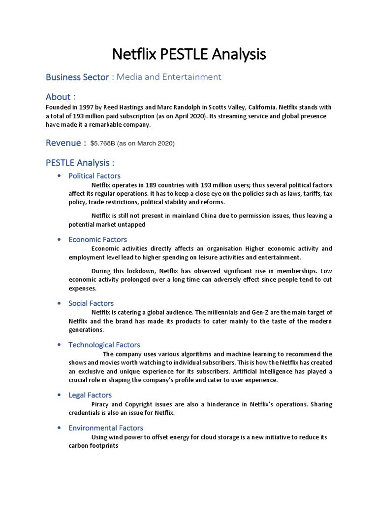 Netflix PESTLE Analysis: Business Sector: Media and Entertainment About ...