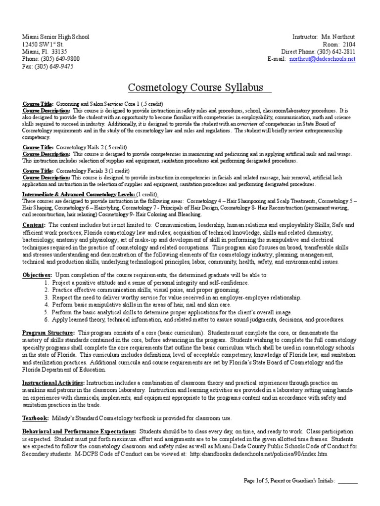 Cosmetology Course Syllabus | PDF | Curriculum | Classroom