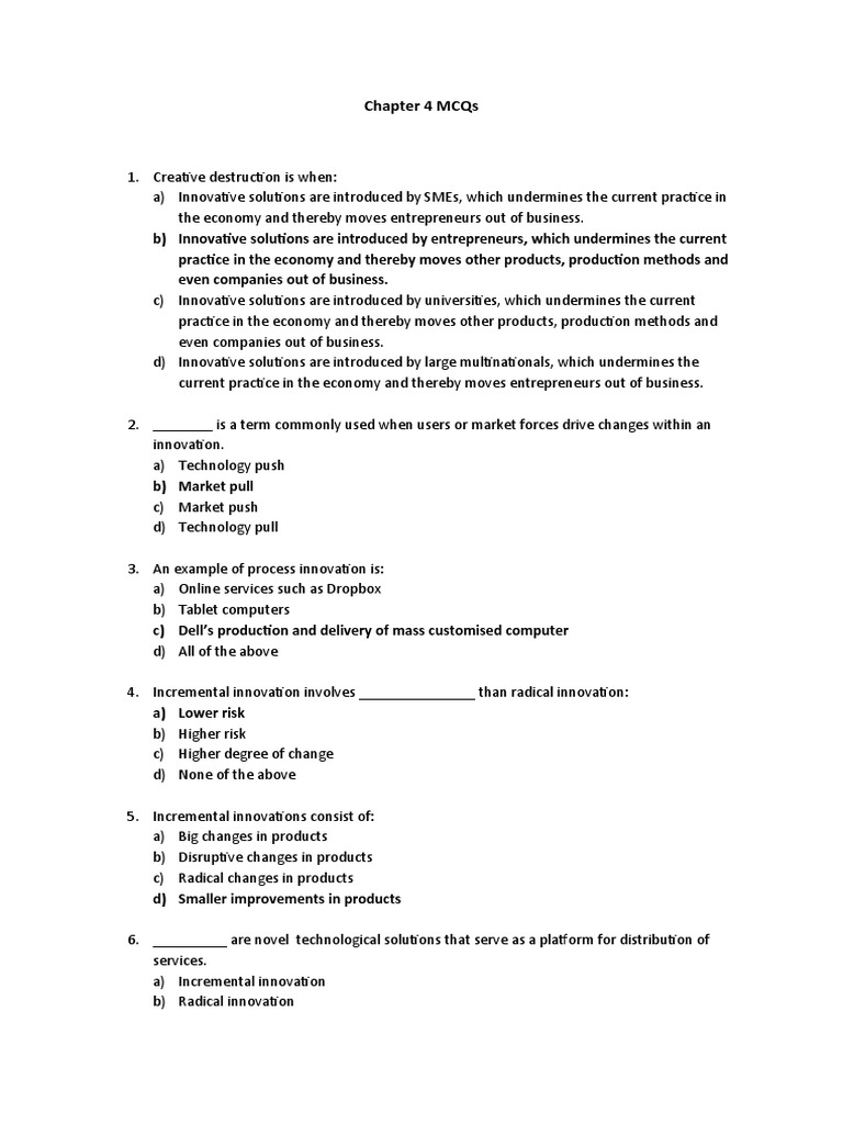 Chapter 4 MCQs | PDF | Innovation | Disruptive Innovation