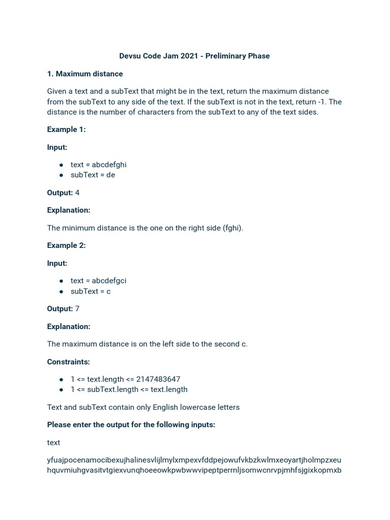 Devsu Code Jam 2021: Preliminary Phase | PDF | Sequence | String ...