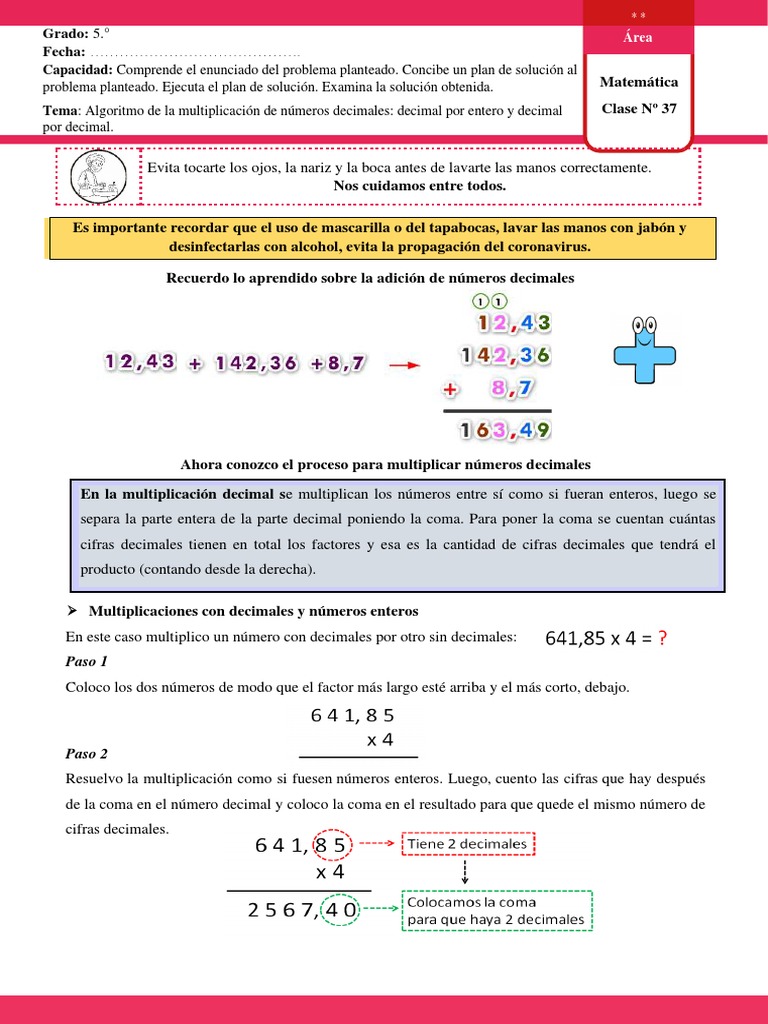 Quinto Grado Matematica Clase 37 Martes 31 | PDF | Multiplicación | Decimal