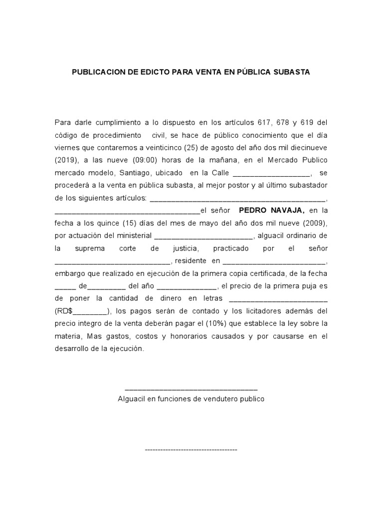 Publicacion de Edicto para Venta en Pública Subasta | PDF