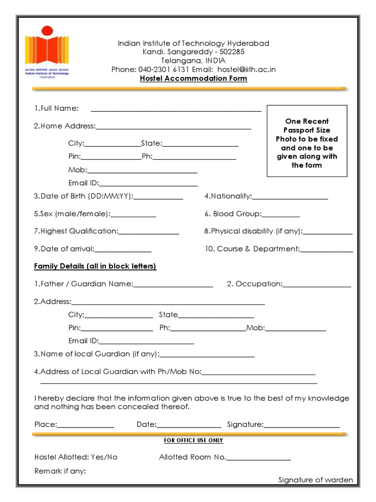 Hostel Accommodation Form: For Office Use Only | PDF
