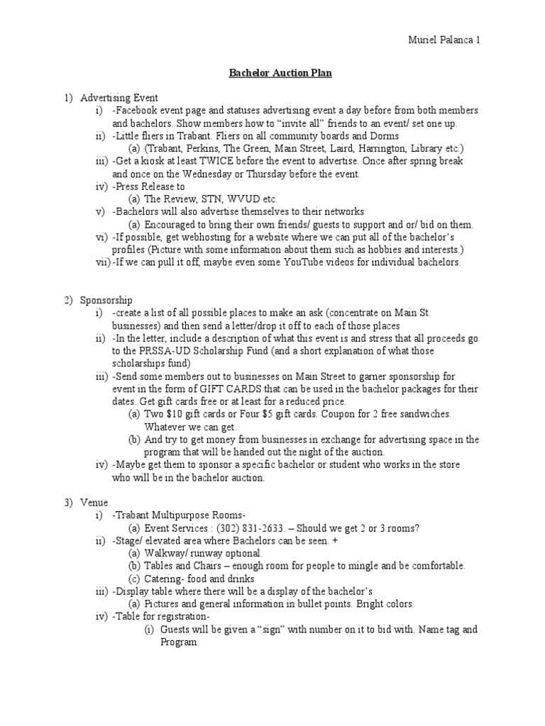 Bachelor Auction Fundraiser Plan | PDF | Auction