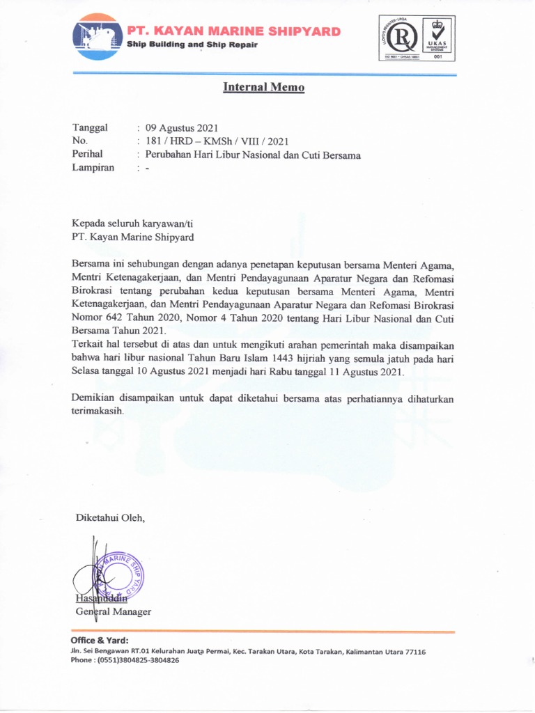 Memo Internal - Perubahan Hari Libur Nasional Dan Cuti Bersama | PDF