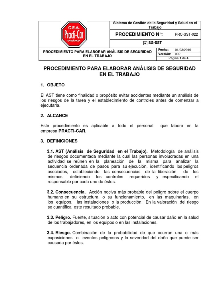 PRC-SST-022 Procedimiento para Elaborar AST | PDF | Riesgo