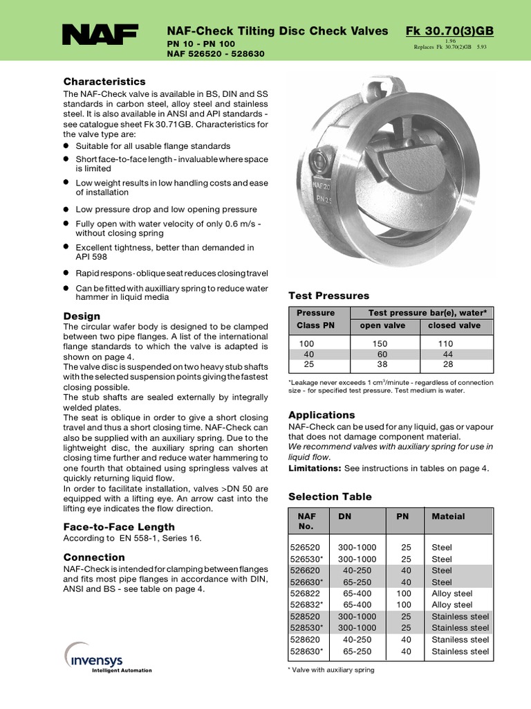FK 30.70 (3) GB NAF-Check Tilting Disc Check Valves: Characteristics ...