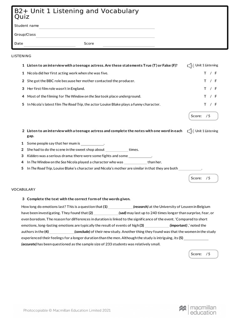B2+ Unit 1 Listening & Vocabulary Quiz | PDF | Language Arts & Discipline