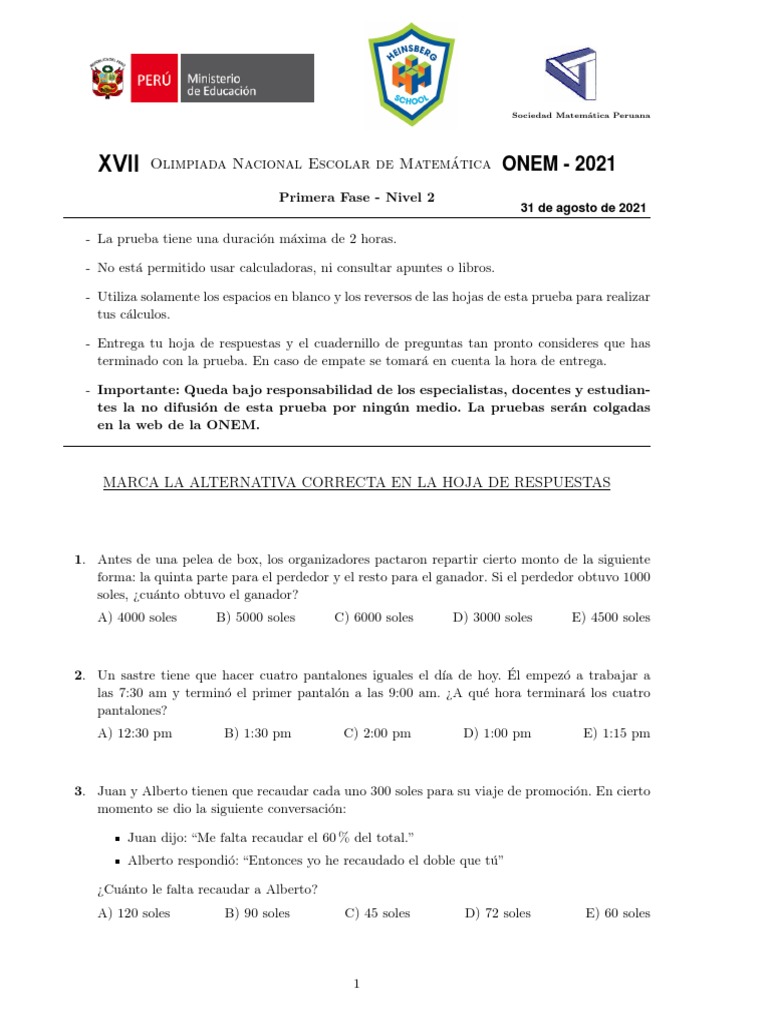 ONEM - 2021: XIV Olimpiada Nacional Escolar de Matem Atica (ONEM 2017) | PDF | Tangente | Rectángulo