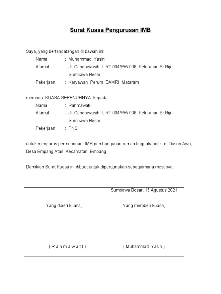 Surat Kuasa Pengurusan IMB | PDF