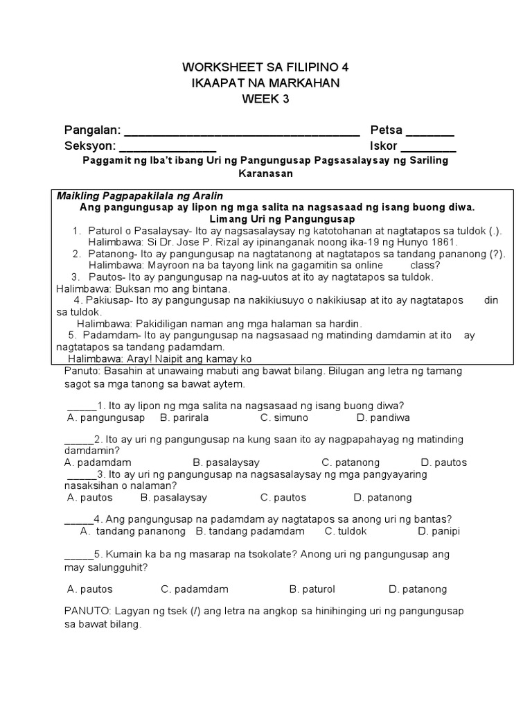 Worksheet Sa Filipino 4 q4 Week3 | PDF