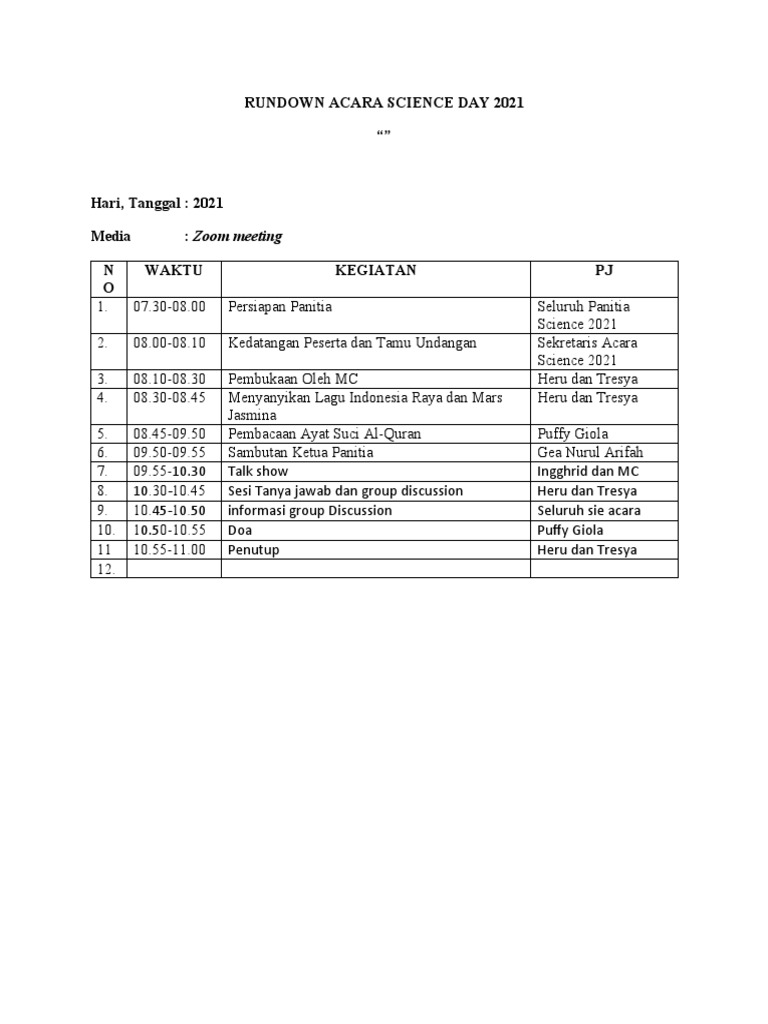 Fix RUNDOWN ACARA SCIENCE DAY 2021 | PDF | Sains & Matematika