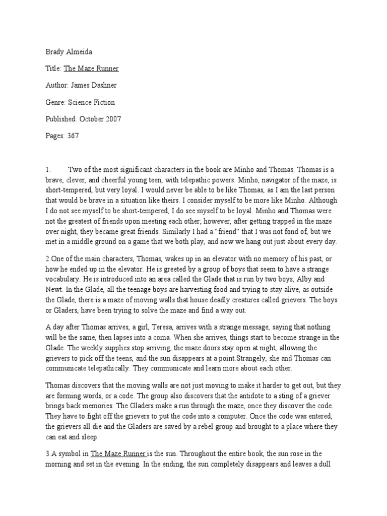 Character Analysis and Reflection on Themes from The Maze Runner | PDF