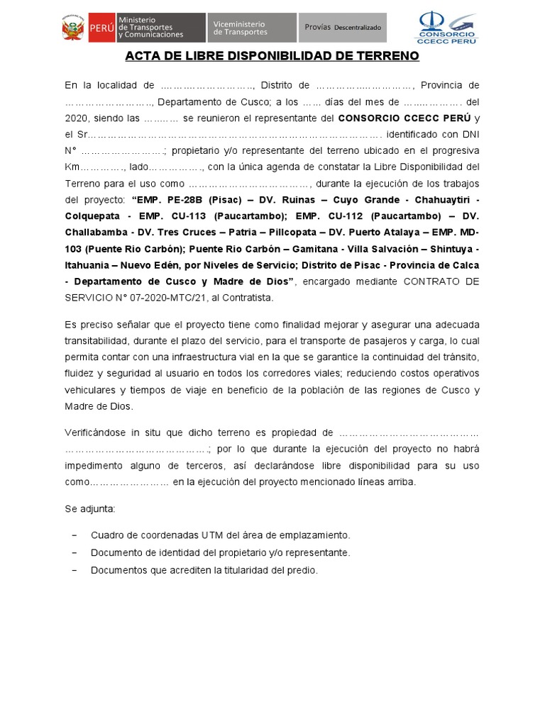 Acta de Libre Disponibilidad de Terreno | PDF | Transporte