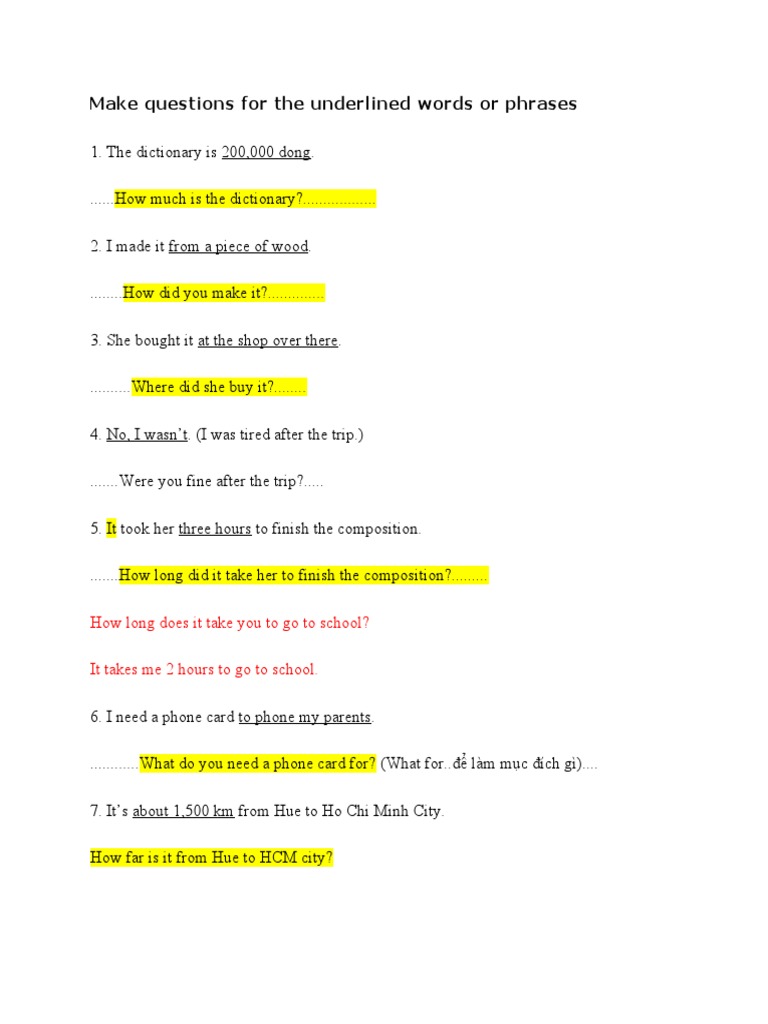 Make Questions For The Underlined Words or Phrases | PDF