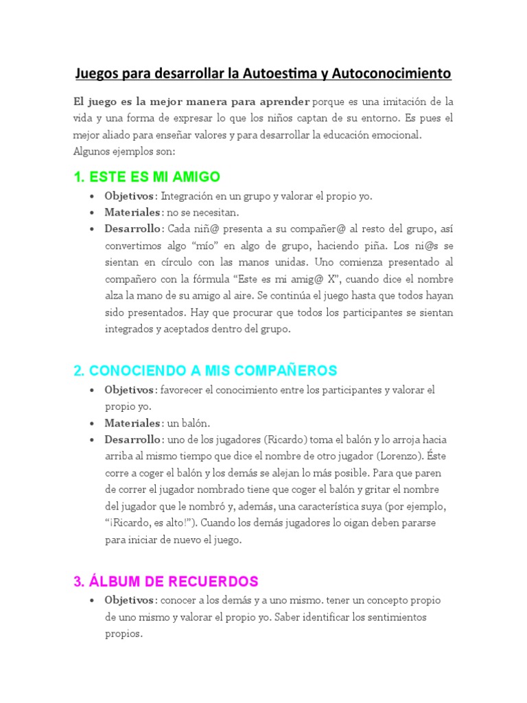 Juegos para Fomentar Autoestima Infantil | PDF | Relaciones personales ...