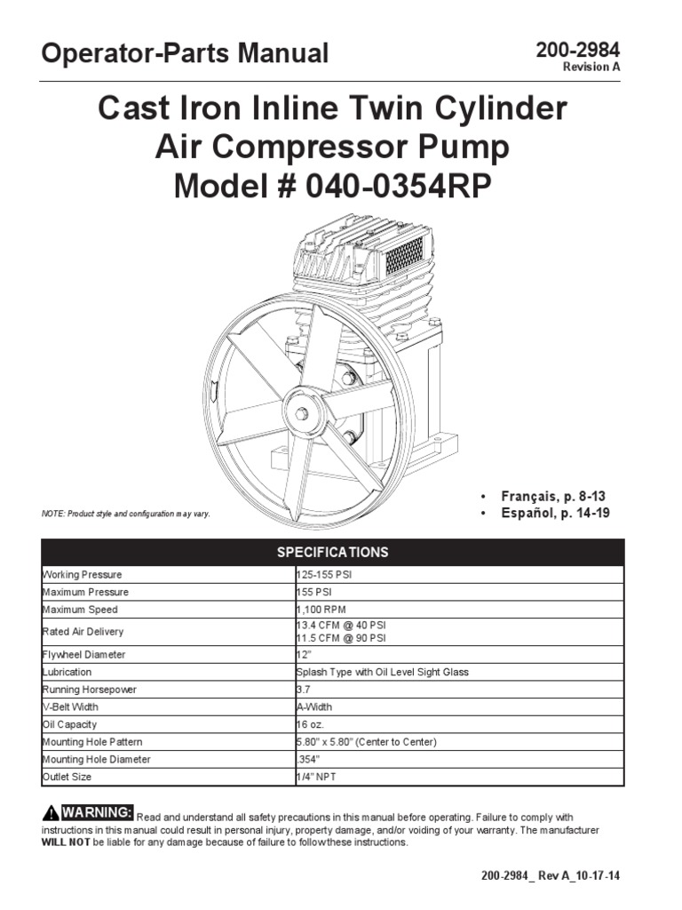Cast Iron Inline Twin Cylinder Air Compressor Pump Model # 040-0354RP ...
