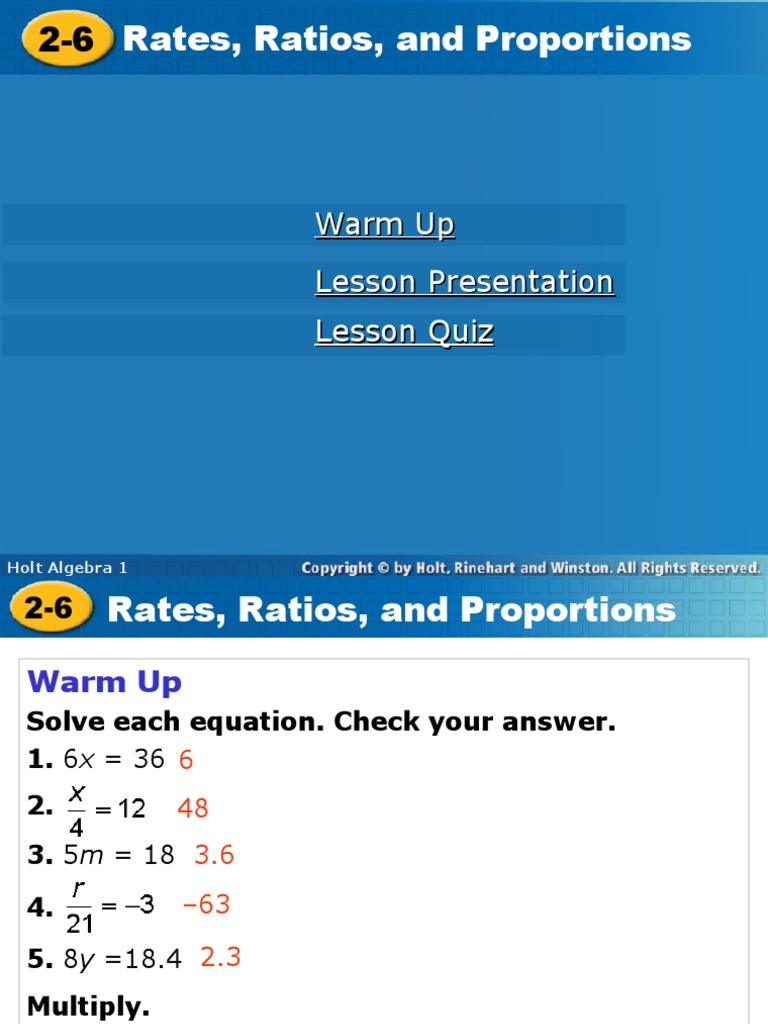 Holt Algebra 1 Lesson on Rates, Ratios and Proportions | PDF | Ratio ...