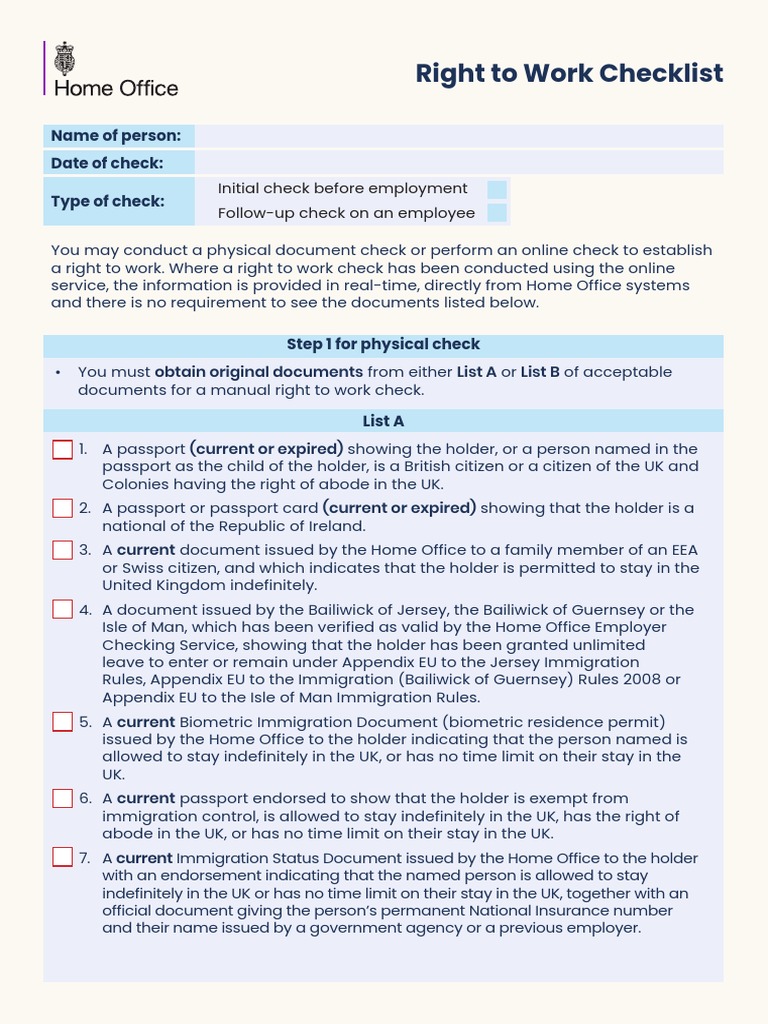 Right to Work Document Checklist | PDF | Passport | Government And ...