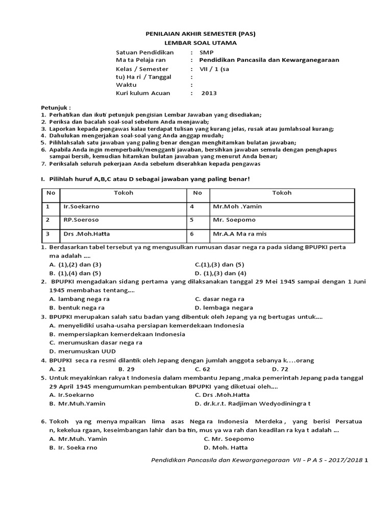 08 Soal PKN 7 - 2018 - 2019 | PDF