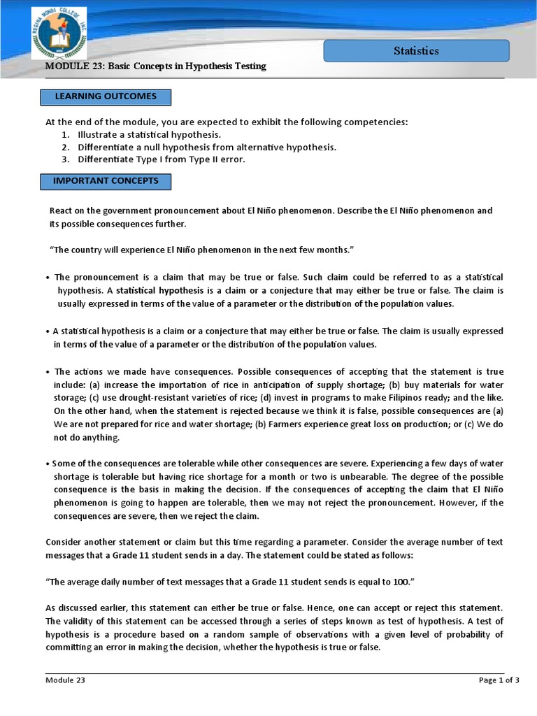 Basics of Hypothesis Testing | PDF | Hypothesis | Statistical ...
