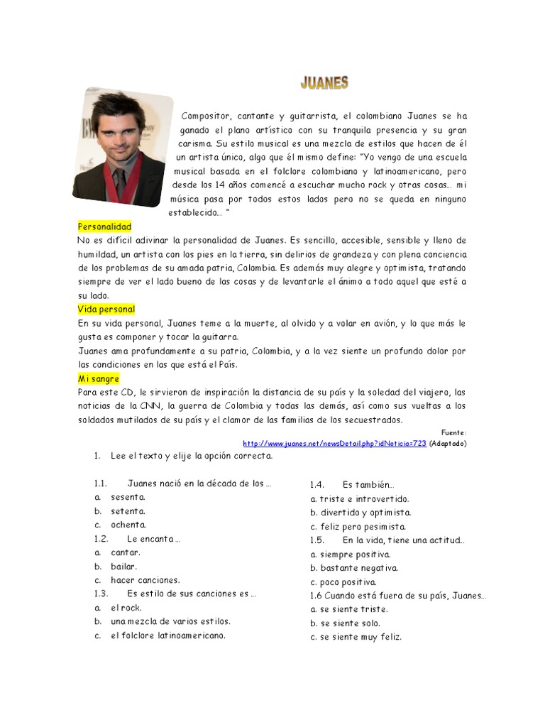 Juanes Comprension Lectora Hoja de Trabajo Letras de Canc 30993 | PDF