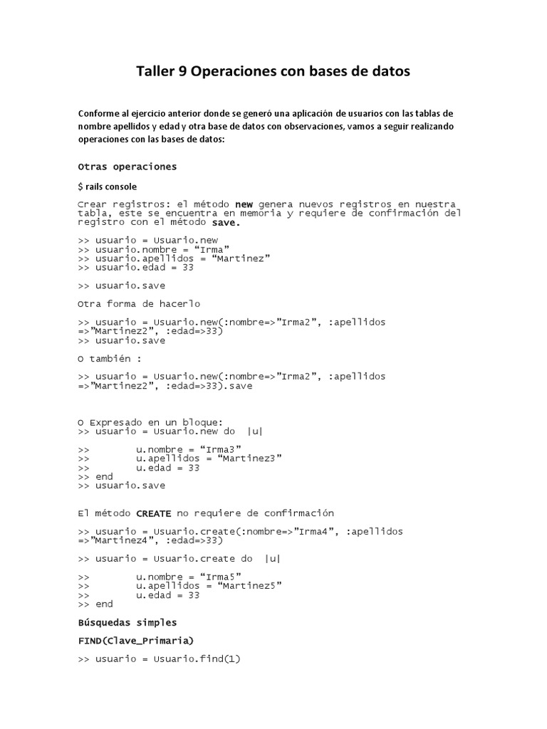 Taller 9 Operaciones Con Bases de Datos | PDF | SQL | Archivo de computadora