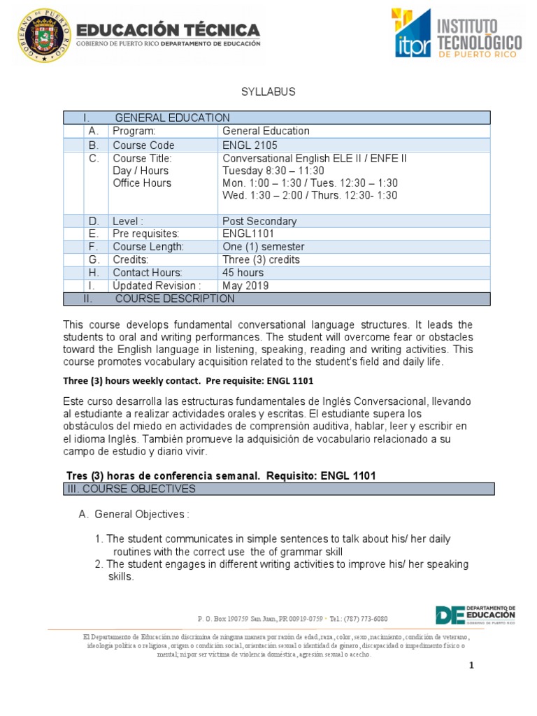 Conversational English Course Syllabus | PDF | English Language | Cognition