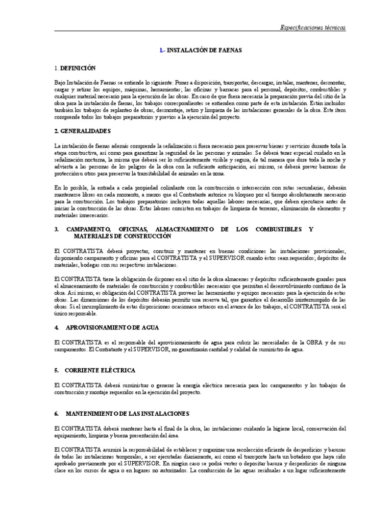 Instalación de Faenas: Especificaciones Técnicas | PDF | Hormigón | Fundación (Ingeniería)