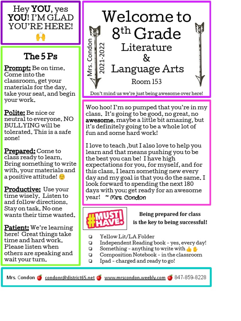 Welcome To 8 Grade: Literature & Language Arts | PDF | Wellness