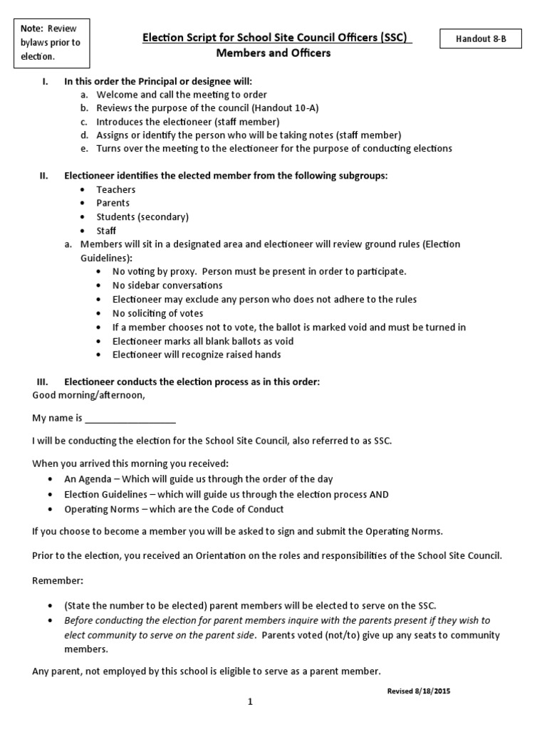 Handout 8-Election Script For SSC 2015-2016 Rev 8 18 15 | PDF ...