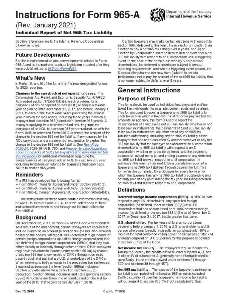 Instructions For Form 965-A: (Rev. January 2021) | PDF | S Corporation ...