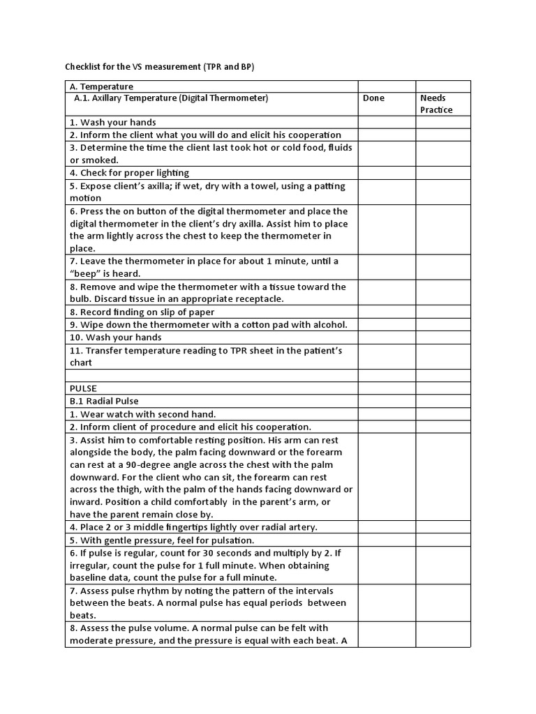 Checklist For The VS Measurement (TPR and BP) A. Temperature A.1 ...