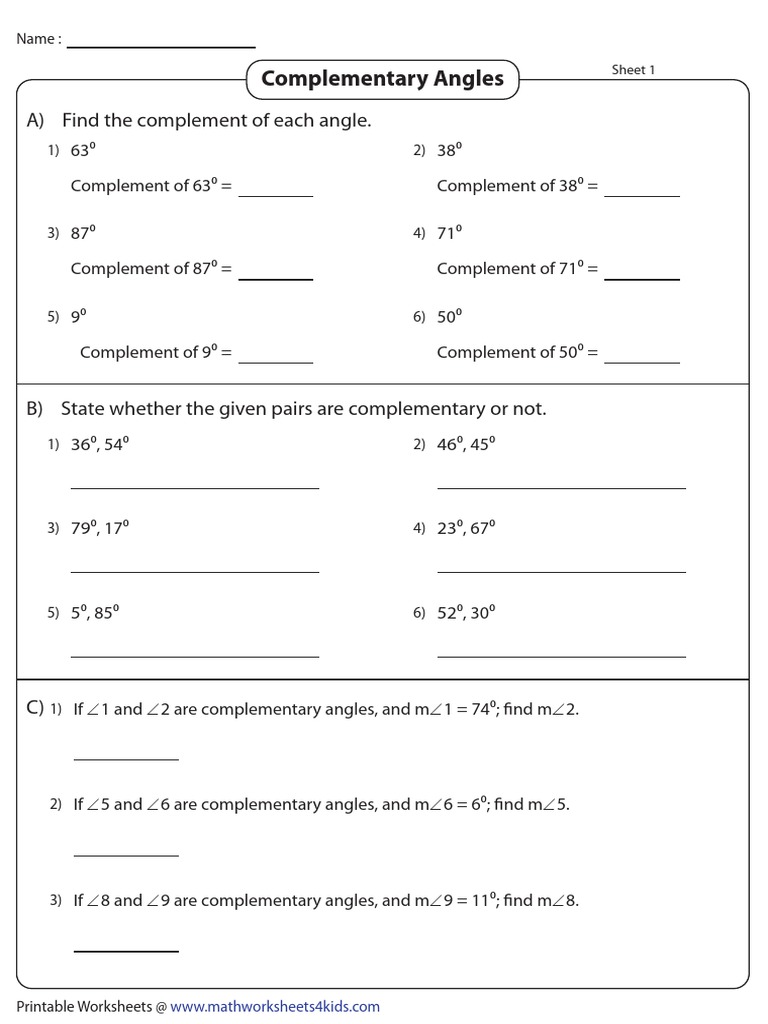Complementary Angles 1 | PDF
