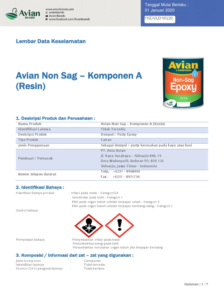 Msds Avian Non Sag Epoxy Komponen A (Resin) | PDF