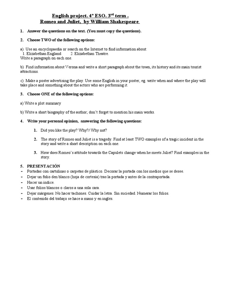Romeo and Juliet Project Guidelines | PDF