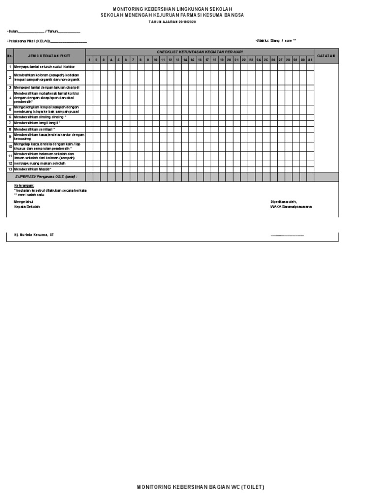 Checklist Monitoring Kebersihan PIKET UMUM | PDF