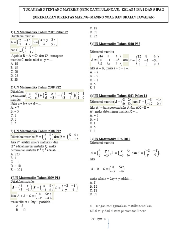 Soal UN Matematika: Matriks Kelas 11 | PDF