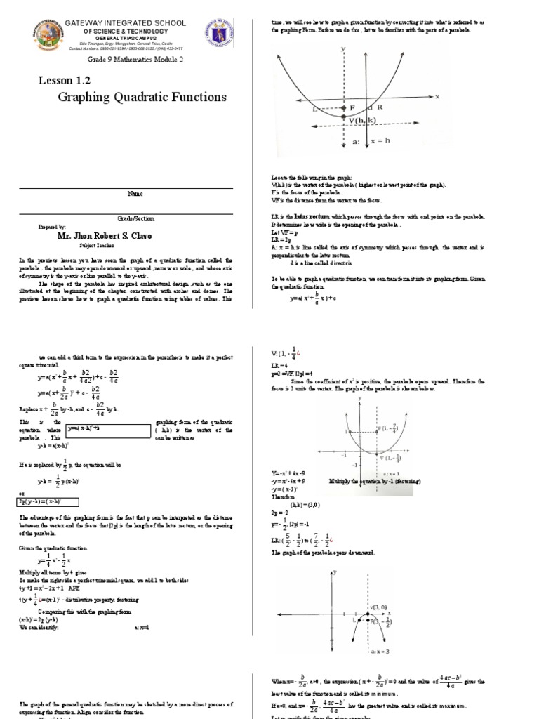 Graphing Quadratic Functions: A Lesson on Transforming Equations into Graphing Form and ...